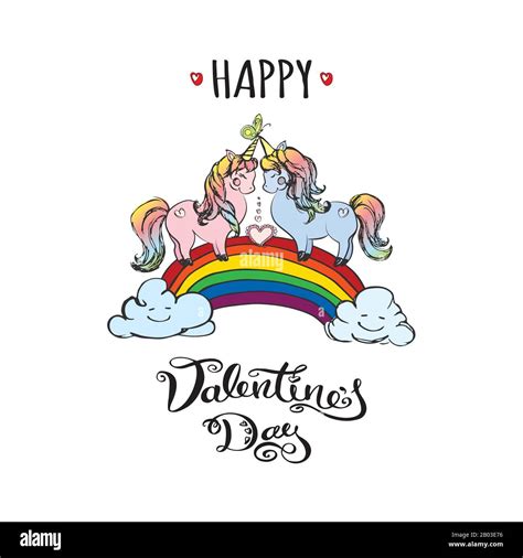 Happy Valentines Day Card With Couple Of Unicornsisolated On White