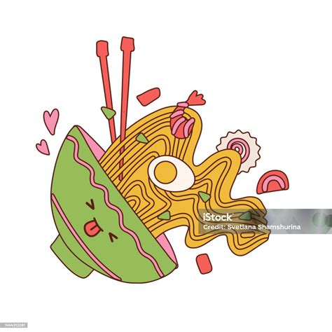 그릇에서 튀는 국수 귀여운 웃기는 귀여운 라면 그릇 캐릭터와 귀여운 얼굴 벡터 손으로 그린 윤곽선 Kawaii 캐릭터 그림 아이콘 흰색 배경에 격리 음식에 대한 스톡 벡터