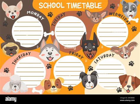School Timetable Schedule Dogs And Puppies Education Vector Weekly