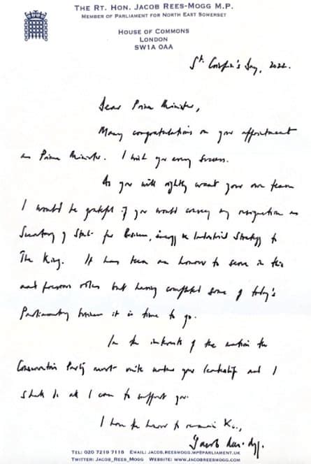 Jacob Rees Mogg Quits With Handwritten Letter Dated ‘st Crispins Day