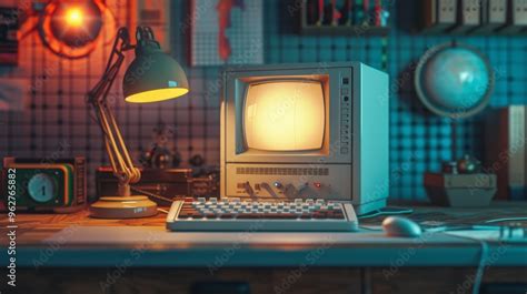 Nostalgic Scene Of A Vintage Computer Setup With A Glowing CRT Monitor Classic Keyboard And