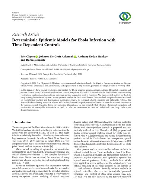 Pdf Deterministic Epidemic Models For Ebola Infection With Time Dependent Controls