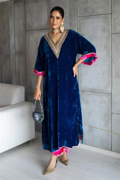 Buy Blue Velvet Hand Embroidered Sequin V Neck Yoke Kaftan And Palazzo Set For Women By