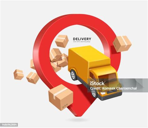 노란색 트럭이 고객에게 제품을 배달하기 위해 빨간 핀을 날렸고 소포 상자나 판지 상자가 떠다니고 있었습니다 3차원 형태에 대한 스톡 벡터 아트 및 기타 이미지 Istock