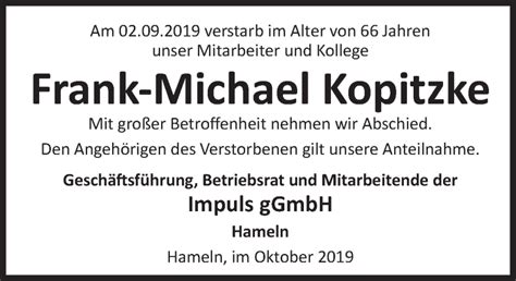 Traueranzeigen Von Frank Michael Kopitzke Trauerportal Ihrer Tageszeitung