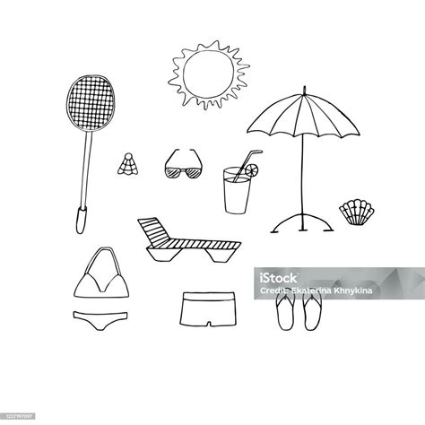 여름 세트 벡터 낙서 삽화 태양 배드민턴 안경 칵테일 우산 쉘 일광욕용 침대 수영복 수영 트렁크 플립 플롭 해변에 대한 스톡 벡터 아트 및 기타 이미지 Istock