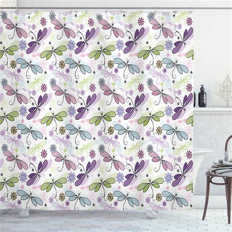 Dragonflies Flowers Print Abstract Shower Curtain For Serene Bathroom