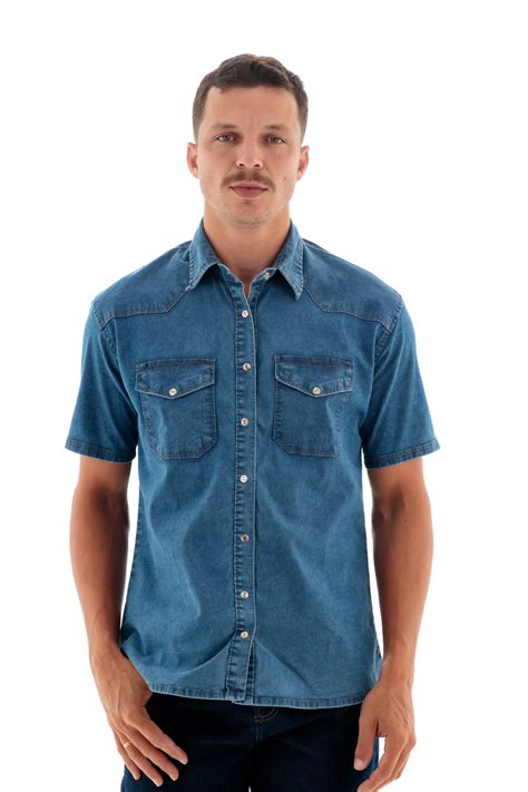 Camisa Jeans Masculina Slim Manga Curta