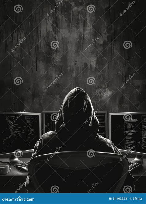 Hooded Figure In Front Of Multiple Monitors Displaying Falling Green