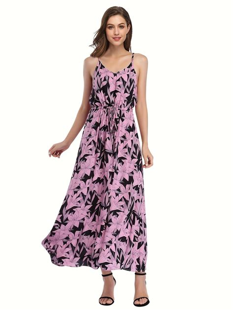 Tropical Print V Neck Cami Dress Vacation Drawstring Waist Sleeveless