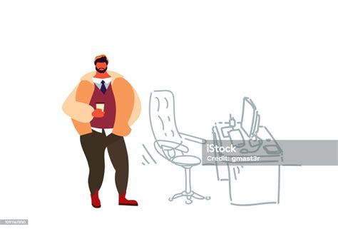 마시는 커피 직장 현대 캐비닛 캐주얼 사업 수염 남성 보스 비즈니스 남자 만화 캐릭터 전체 길이 사무실 인테리어 스케치 낙서 수평 개념에 대한 스톡 벡터 아트 및 기타