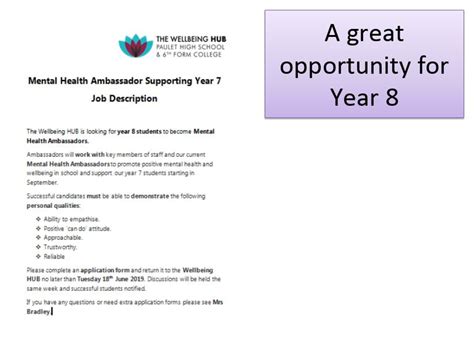 Year 8 Mental Health Ambassador Opportunity Paulet High School And 6th