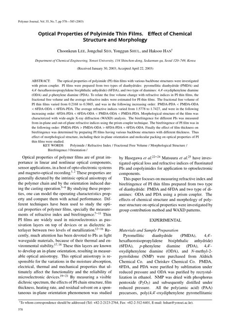 Pdf Optical Properties Of Polyimide Thin Films Effect Of Chemical Structure And Morphology