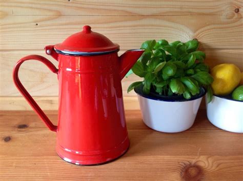 Vintage Enamel Bright Red Stove Top Coffee Pot Haute Juice