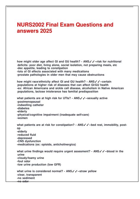 NURS2002 Final Exam Questions and answers 2025 - NURS 2002 - Stuvia US