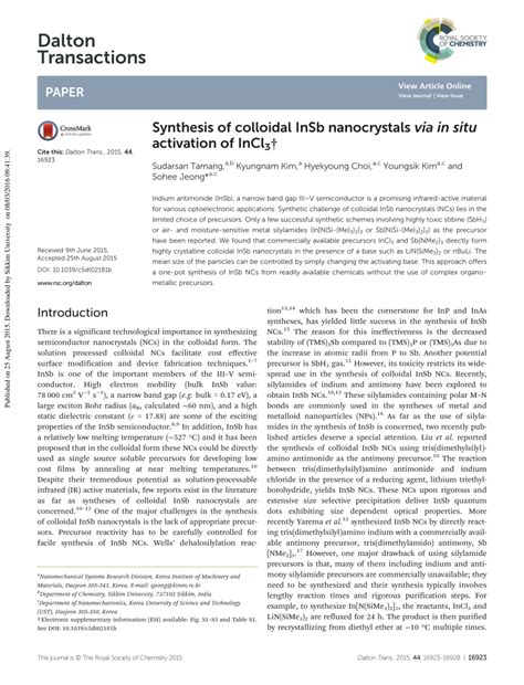 Pdf Synthesis Of Colloidal Insb Nanocrystals Via In Situ Activation Of Incl3