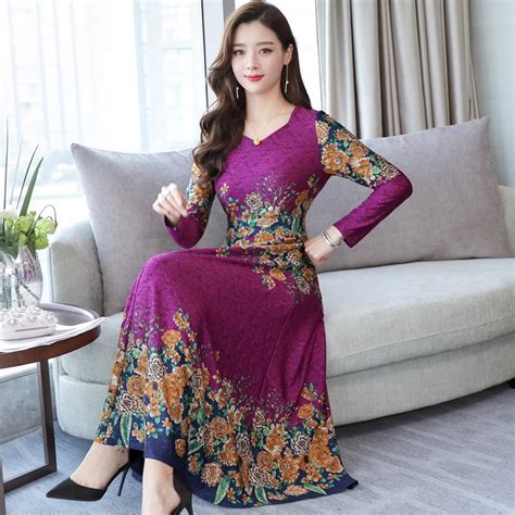 Purple Print Dress Women Plus Size Long Sleeve Midi Party Dresses
