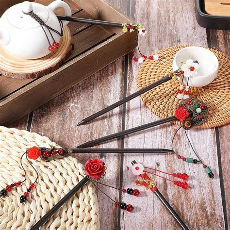 Chinese Wood Hair Sticks 6 Piece Set With Vintage Pattern Tassels And