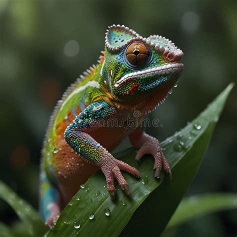 The Tiny World Of Chameleon Macro And Micro Photography With Dew Stock