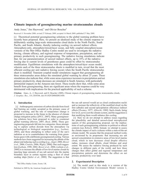 Pdf Climate Impacts Of Geoengineering Marine Stratocumulus Clouds