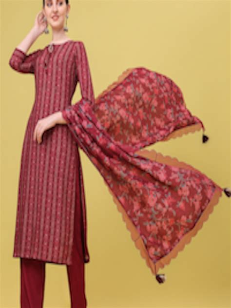 Buy Seerat Women Maroon Printed Thread Work Silk Crepe Kurta With Trousers With Dupatta