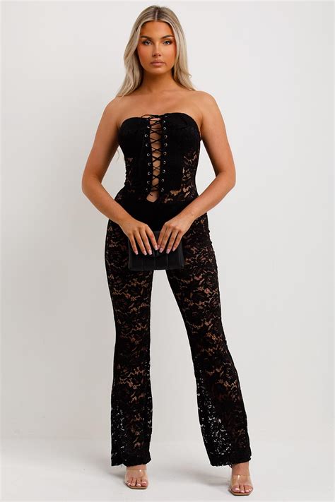 Lace Jumpsuit With Skinny Flared Legs Black Festival Going Out Outfit