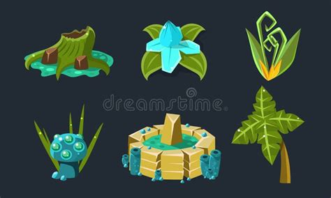 Fantasy Landscape Elements Set Fantastic Trees And Plants User Interface Assets For Mobile App