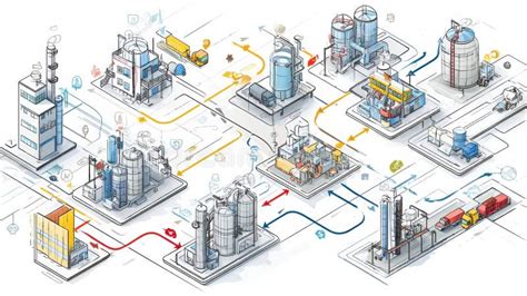Isometric Refinery Layout Showcasing Dynamic Workflow Arrows Illustrating Operational Processes