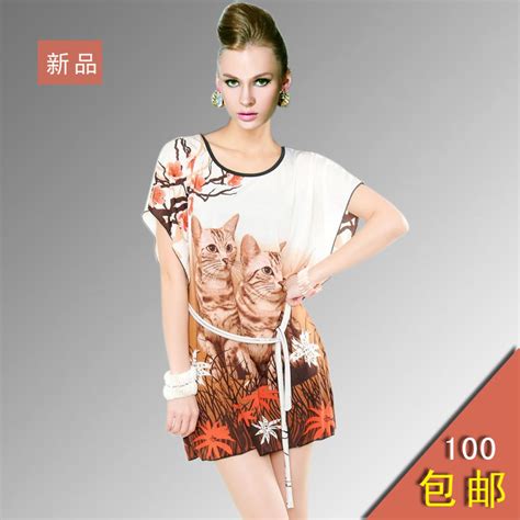 新品欧美高品女装中国画三色猫猫宽松真丝细腰带连衣裙印花胖mt恤 姜乐广告