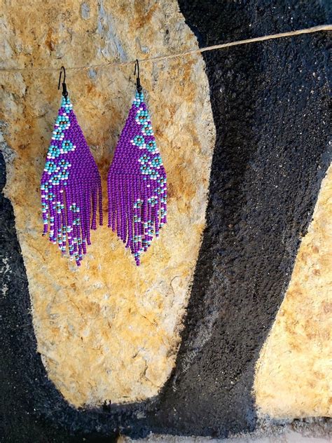 Violet Shiny Purple Beaded Fringe Earrings Seed Bead Etsy