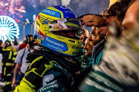 Fernando Alonso Aston Martin Celebrates 3rd Place Finish With Team