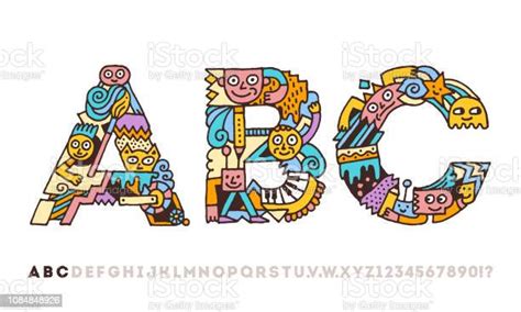 塗鴉有趣的圖形藝術字母字母 A B C 輪廓顏色向量插圖向量圖形及更多字母表圖片 字母表 一組物體 剪裁圖 Istock