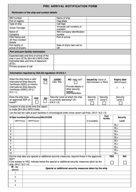 Pre Arrival Notification Form Printable Pdf Download