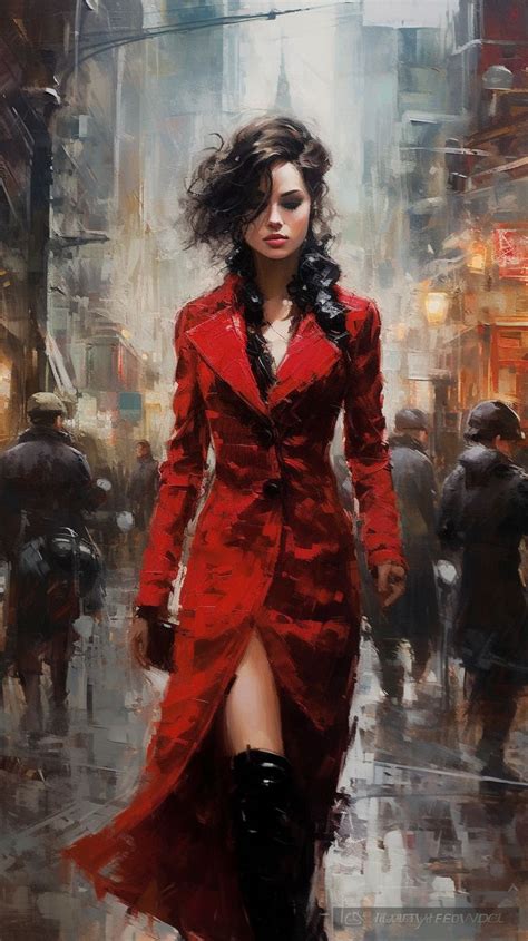 A Painting Of A Woman In A Red Coat And Black Boots Walking Down The Street