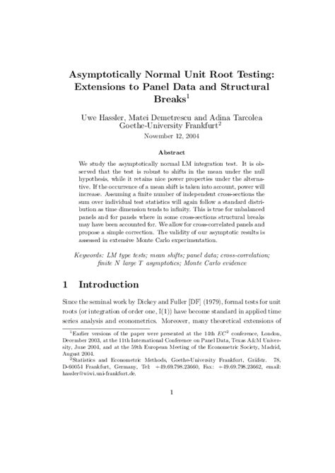 Pdf Asymptotically Normal Unit Root Testing Extensions To Panel Data