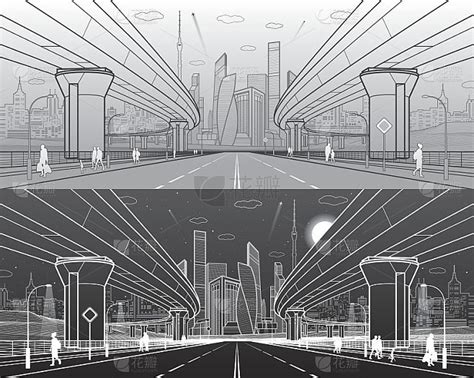 路立交桥。大高速公路。交通桥。城市基础设施，现代城市背景，工业建筑。人走了。塔和摩天大楼。线条插图，