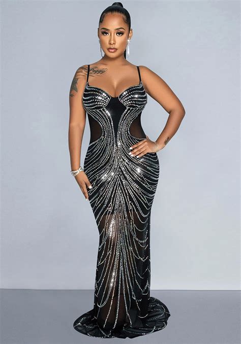 Women Mesh See Through Beaded Suspender Sexy Backless Bodycon Dress