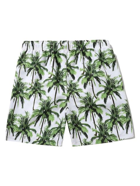 Coconut Tree Print Non Stretch Waist Swim Trunks Waves And Trunks