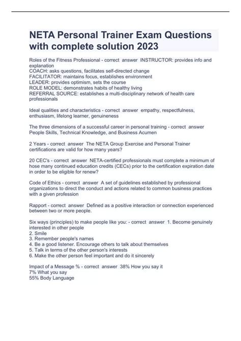 NETA Personal Trainer Exam Questions With Complete Solution NETA Personal Trainer Stuvia US