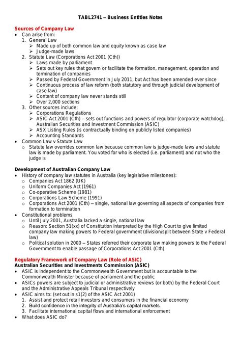 Business Entities Notes Tabl2741 Business Entities Unsw Thinkswap