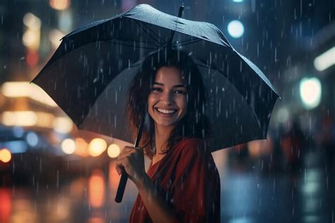Smiling Young Woman Holding An Umbrella In The Rain Premium Ai