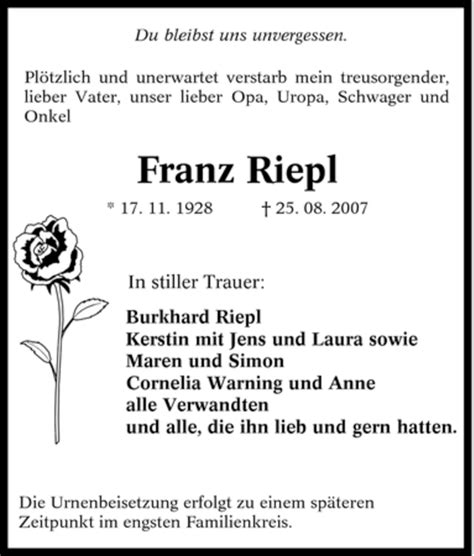 Traueranzeigen Von Franz Riepl Trauer In Nrw De