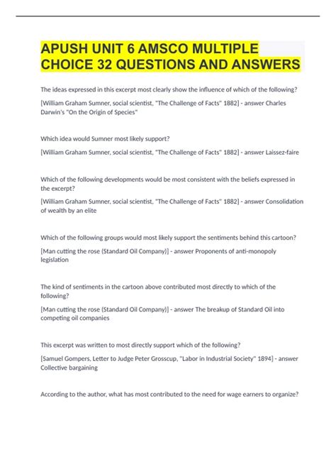 APUSH UNIT AMSCO MULTIPLE CHOICE QUESTIONS AND ANSWERS GUARANTEED SUCCESS APUSH AMSCO