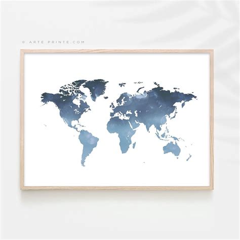 Blue World Map Print Navy Blue Modern Minimalist World Map Wall Art