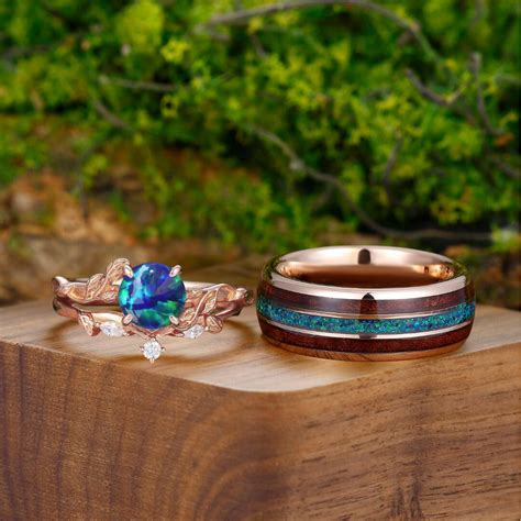 Unique Round Peacock Green Opal His And Hers Wedding Ring Blue Green P