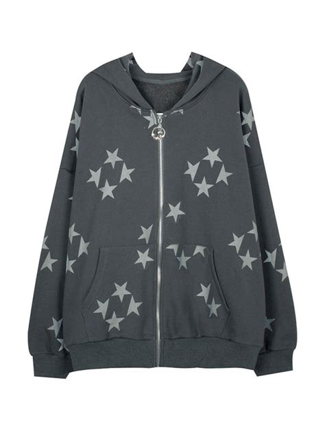 Oversized Star Print Zip Up Hoodie Hoodies Womens Star Print Trendy