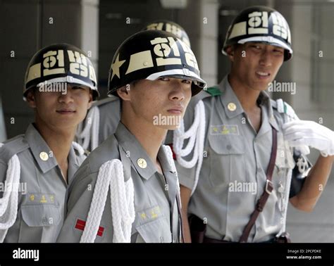 South Korean Military Police Officers Stand Guard In Front Of Signboard