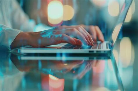 Closeup Of Hands Typing On A Laptop Keyboard Illuminated By Colorful