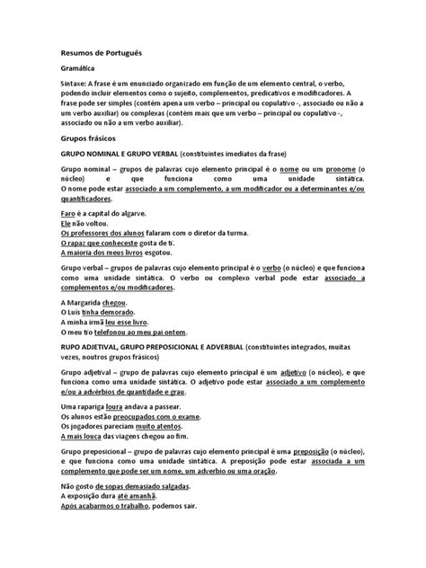 Resumos De Português GramÁtica Pdf Assunto Gramática Pronome
