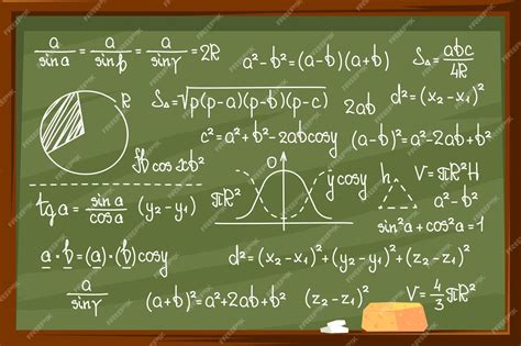 Школьная доска с математическими уравнениями и формулами, нарисованными ...